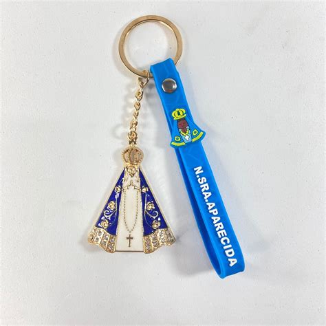 Chaveiro Nossa Senhora Aparecida Com Fita Silicone Azul 3 Unidades