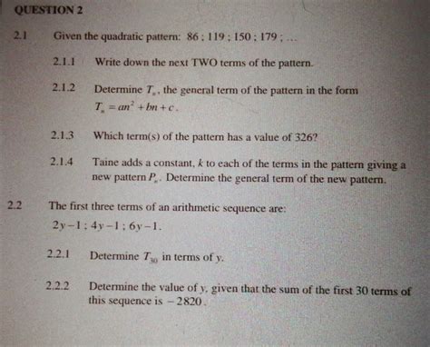 Question 2 21 Given The Quadratic Pattern 86 119 150 179 21