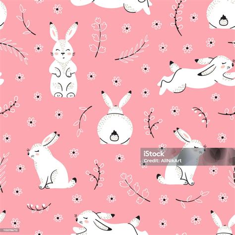 부활절 꽃 흰 토끼와 완벽 한 패턴입니다 작은 토끼 봄 또는 여름 배경입니다 나뭇잎과 꽃 귀여운 토끼 Hares 벡터 일러스트 공휴일에 대한 스톡 벡터 아트 및 기타 이미지