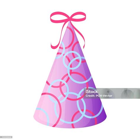 장식 반지가 있는 다채로운 모자를 원뿔로 만들고 생일 축하 파티를 위해 상단에 활을 쏟습니다 카니발에 대 한 아이 들 종이 모자의 벡터 그림입니다 만화 재미 축제 개념에