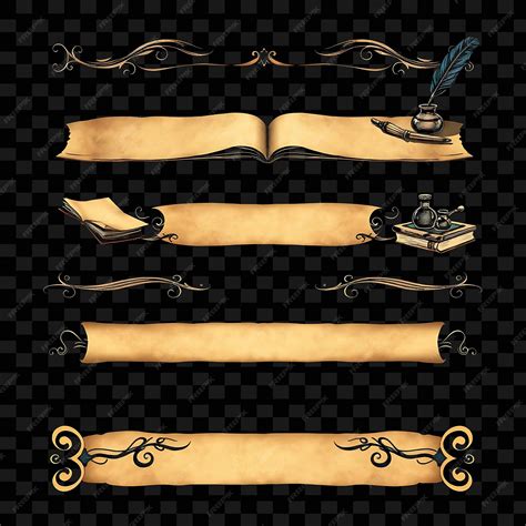 Decorative Borders Scrolls Quills Books And Inkwells Aged Parchment And