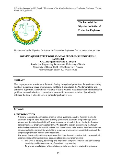Pdf Solving Quadratic Programming Problems Using Visual Basicnet