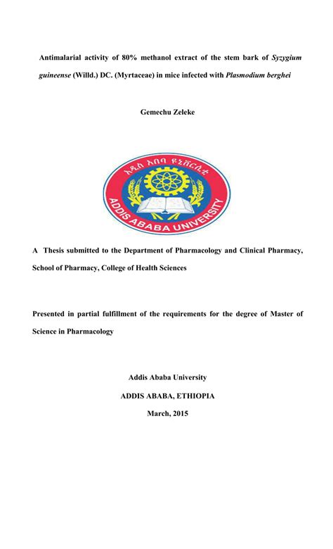 Pdf Antimalarial Activity Of 80 Methanol Extract Of The Stem Bark Of