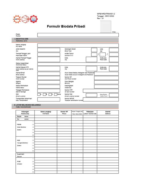 Mpb Hr Frm 001 2 Rev 01 Form Biodata Pribadi Pdf