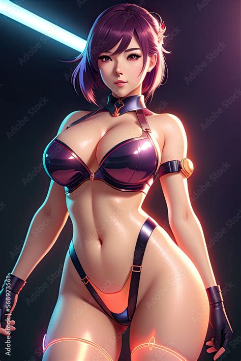 Sexy Curvy Anime Woman In Glowing Neon Bikini Generative Ai Stock