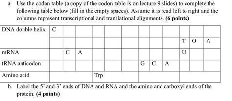 SOLVED Use The Codon Table A Copy Of The Codon Table Is On Lecture 9 Slides To Complete The