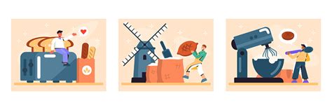 빵을 굽고 일하는 제빵사 세트 방앗간 근처에 서 있는 빵과 밀가루 자루를 들고 있는 남자 공장 산업 건물에 대한 스톡 벡터 아트
