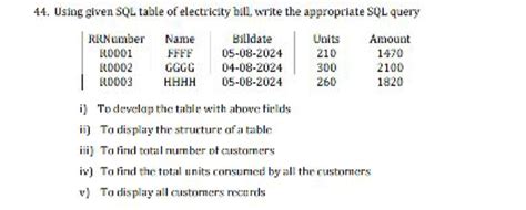 Using Given SQL Table Of Electricity Bill WTite The Appropriate SQL Quer
