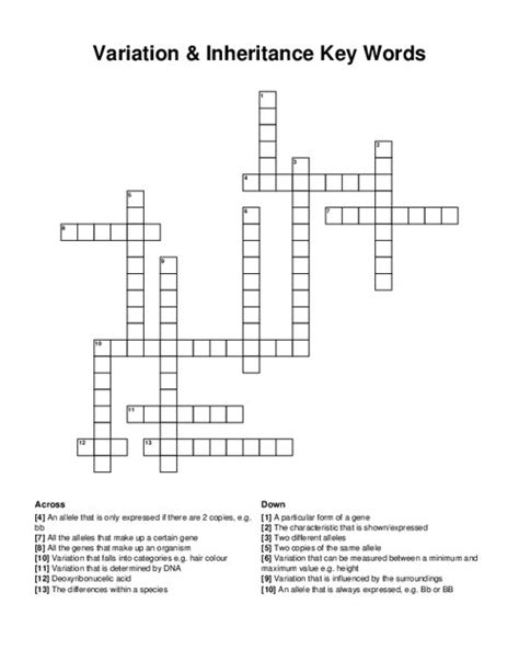 Variation And Inheritance Key Words Crossword Puzzle
