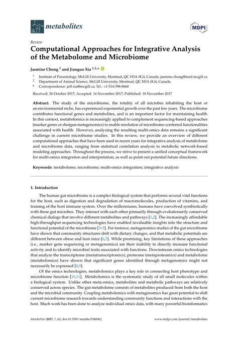 PDF Computational Approaches For Integrative Analysis Of The Metabolome And Microbiome
