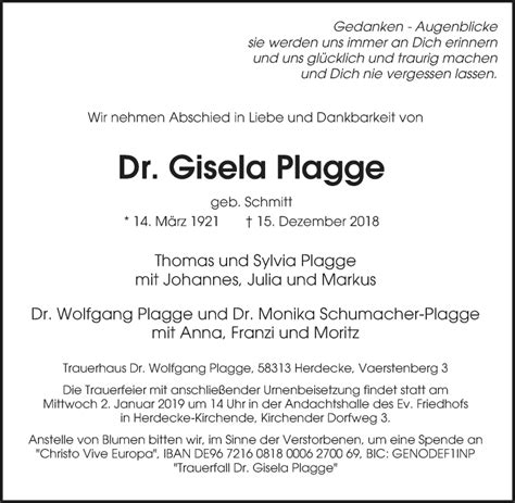 Traueranzeigen Von Gisela Plagge Trauer In Nrwde