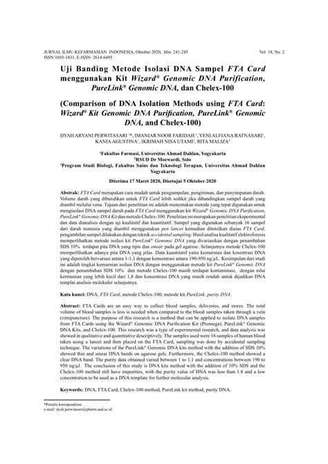 Pdf Comparison Of Dna Isolation Methods Using Fta Card Wizard ® Kit