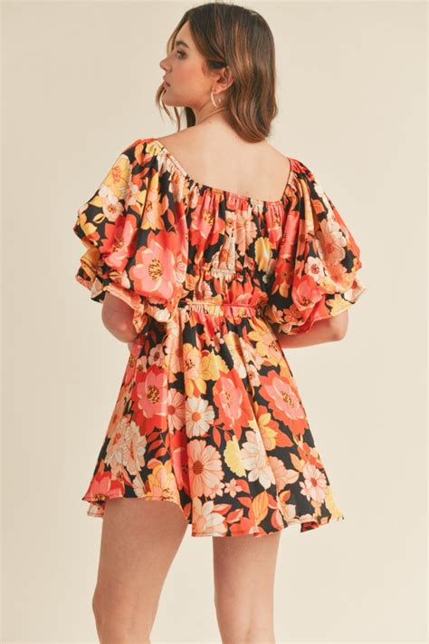 Black Multi Floral Print Bubble Sleeve Flared Mini Dress Pinkblush