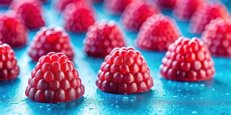 Vibrant Red Raspberry Gummy Candy Display A Closeup Showcase Of Delicious Sweet Treats On A Blue