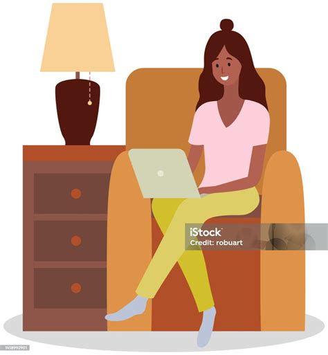 온라인 커뮤니케이션 인터넷 서핑 프리랜서 집에서 안락 의자에 노트북을 들고 앉아있는 여성 개념에 대한 스톡 벡터 아트 및 기타 이미지 Istock