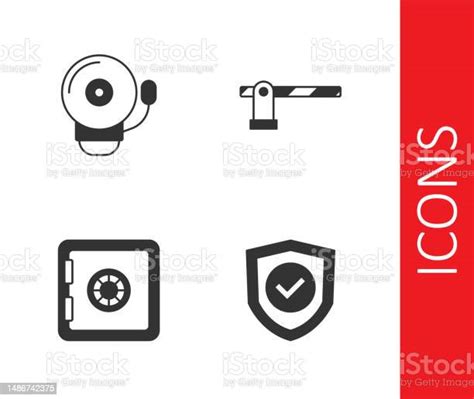 Set Shield With Check Mark Ringing Alarm Bell Safe And Parking Car Barrier Icon Vector Stock