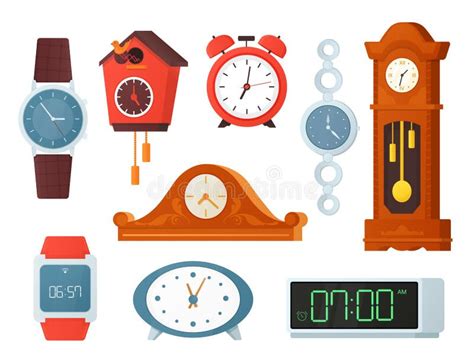 Electronic And Analog Clocks Flat Design Style Objects Set Stock Vector Illustration Of