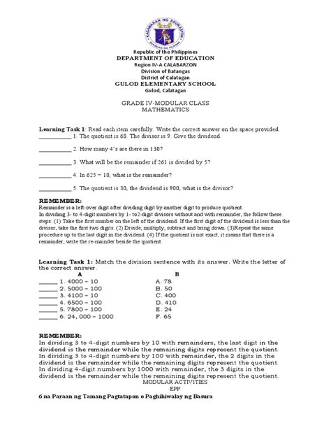 grade iv modular week 6 pdf division mathematics abstract algebra