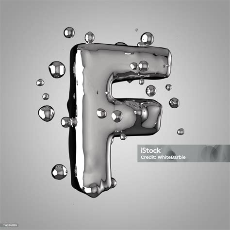 3d 水銀字母 F 大寫3d 渲染液態金屬字體與下降 照片檔及更多 光 照片 光 剪裁圖 字母表 Istock