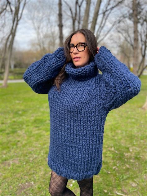 Hand Knit Bulky Wool Sweater Thick And Heavy 5 Strands Turtleneck