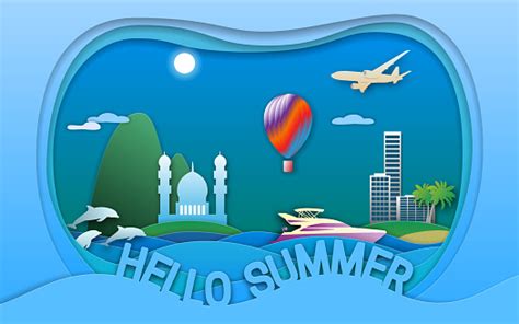 안녕하세요 여름 벡터 일러스트 레이 션 종이에 컷 스타일 바다 리조트 타운 요트 모스크 풍선 제도 돌고래 항공기 카드 디자인 여행 개념에 대한 스톡 벡터 아트 및 기타