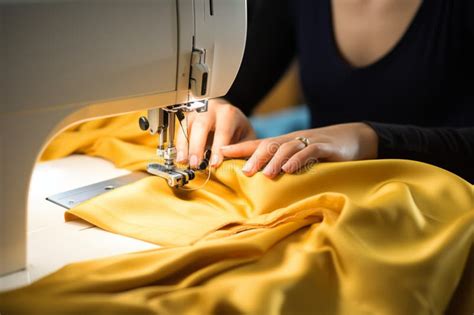 Precision Sewing Process Captured As Female Hands Work On Yellow Fabric