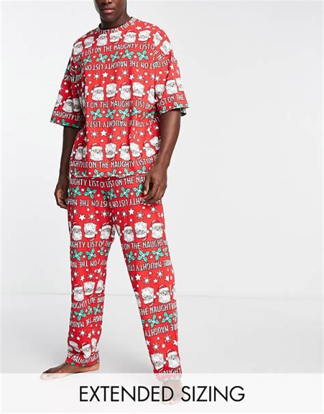 Asos Design Christmas Pyjama Set In Red With Santa Print Asos