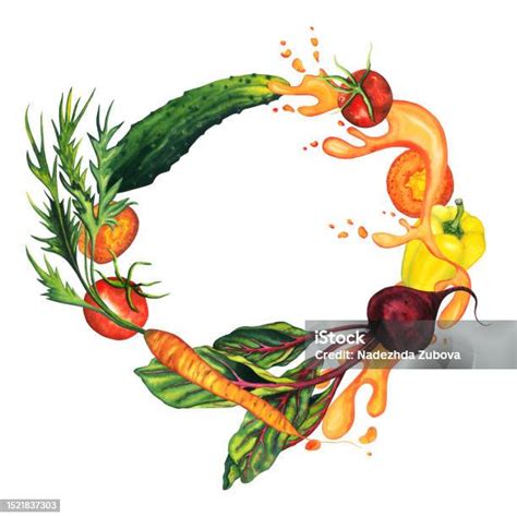 수채화 야채 화환 손으로 그린 벨 페이퍼 비트 뿌리 파프리카 토마토 오이 당근 자르기가 있는 둥근 프레임 원형 테두리 주스 장식