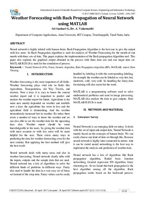 Pdf Weather Forecasting With Back Propagation Of Neural Network Using