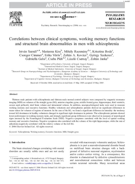 Pdf Correlations Between Clinical Symptoms Working Memory Functions And Structural Brain