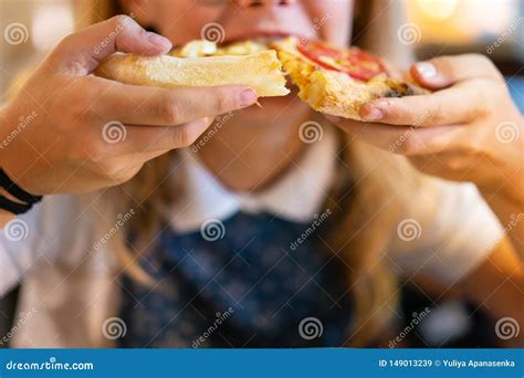 Beautiful Young Girl Eating A Slice Of Pizza Stock Image Image Of