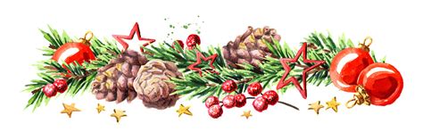전나무 가지 빨간 Baubles 소나무 콘과 별 크리스마스 국경 흰색 배경에 격리 된 수채화 손으로 그린 그림 12월에 대한