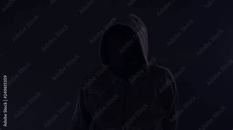 Hooded Computer Hacker Click Virtual Screen Low Key Slow Motion Footage For Text Or Graphics