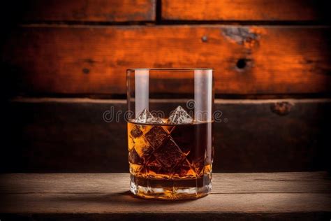 Glass Of Whiskey On The Rocks With Ice Cubes On A Wooden Table Close