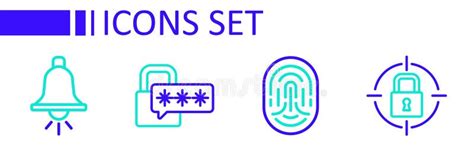 Set Line Lock Fingerprint Cyber Security And Ringing Alarm Bell Icon Vector Stock Vector