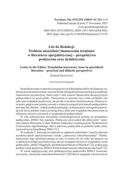 Pdf List Do Redakcji Problem Nieścisłości Tłumaczenia Terminów W