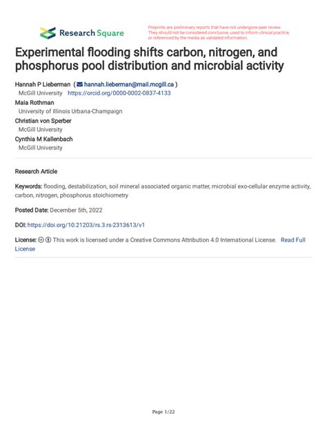 Pdf Experimental Flooding Shifts Carbon Nitrogen And Phosphorus Pool Distribution And