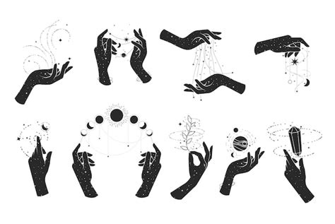 Magia y misticismo adivinación manos de brujas practicando brujería