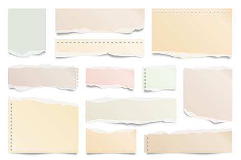 흰색 배경에 고립 된 다채로운 찢어진 종이 스트립 찢어진 가장자리가있는 현실적인 종이 스크랩 스티커 노트 노트북 페이지의 조각