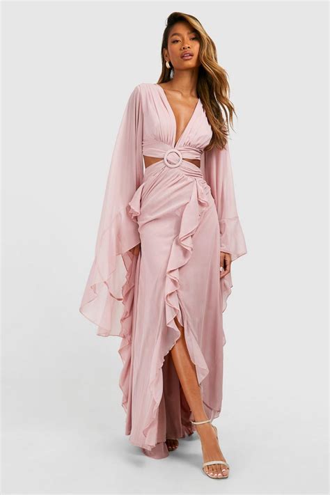 Chiffon Flare Sleeve Cut Out Maxi Dress Boohoo Usa