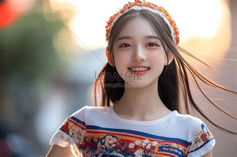 꽃무늬 머리띠를 한 소녀 사진 무료 다운로드 Lovepik