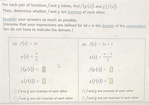 For Each Pair Of Functions And G Below Find Fgx And Gfx