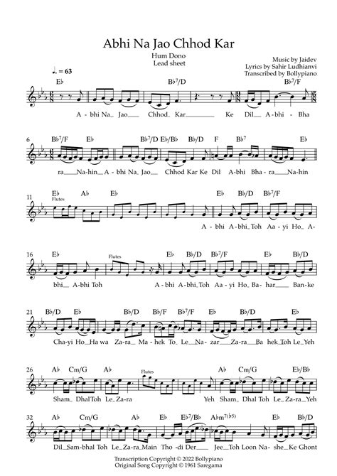 Abhi Na Jao Chhod Kar Lead Sheet Bollypiano