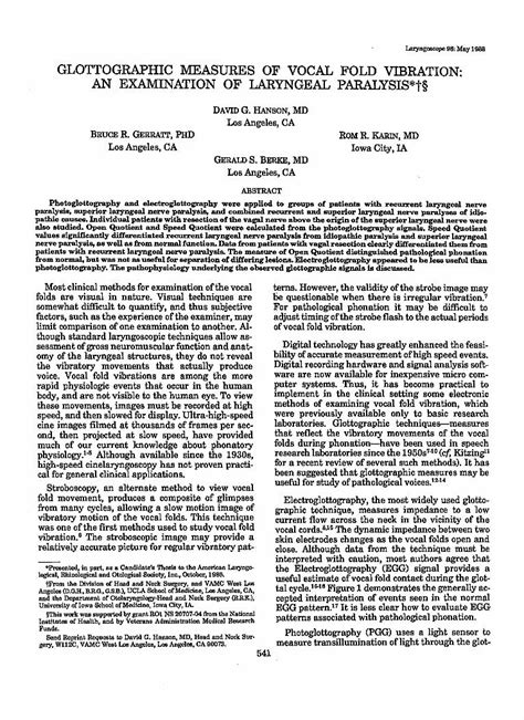 Pdf Glottographic Measures Of Vocal Fold Vibration An Examination Of Laryngeal Paralysis