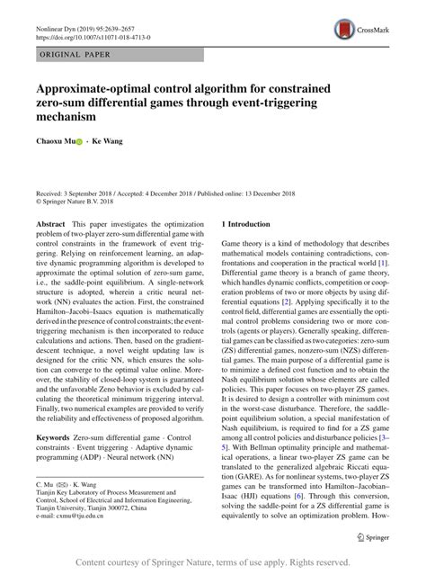 Approximate Optimal Control Algorithm For Constrained Zero Sum