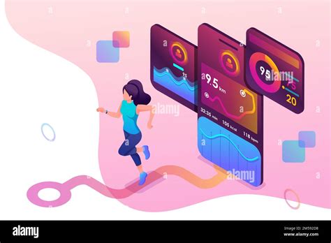 Isometric Concept Young Girl Jogging Running Mobile App Tracks The