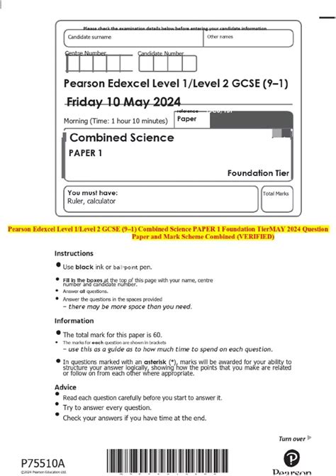 2024 Pearson Edexcel Level 1 Level 2 Gcse 9 1 Combined Science Paper 1 Foundation Tier May