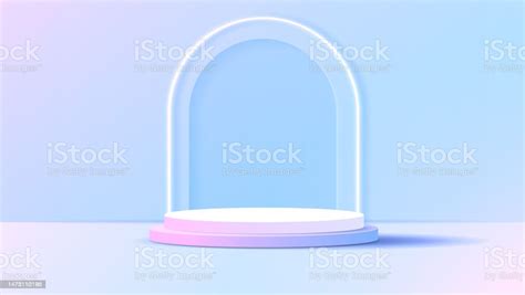 연단을 표시하거나 파스텔 색상의 방에서 제품 프레젠테이션을 위해 파란색과 분홍색 그라디언트가 있는 스탠드를 표시합니다 최소한의 스타일은 프레젠테이션 제품 플랫폼 광고 패키지
