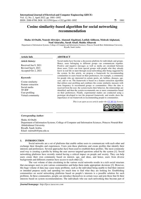 Pdf Cosine Similarity Based Algorithm For Social Networking Recommendation