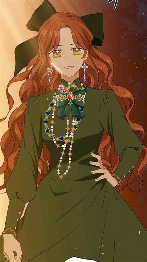 An Anime Character With Long Red Hair Wearing A Green Dress